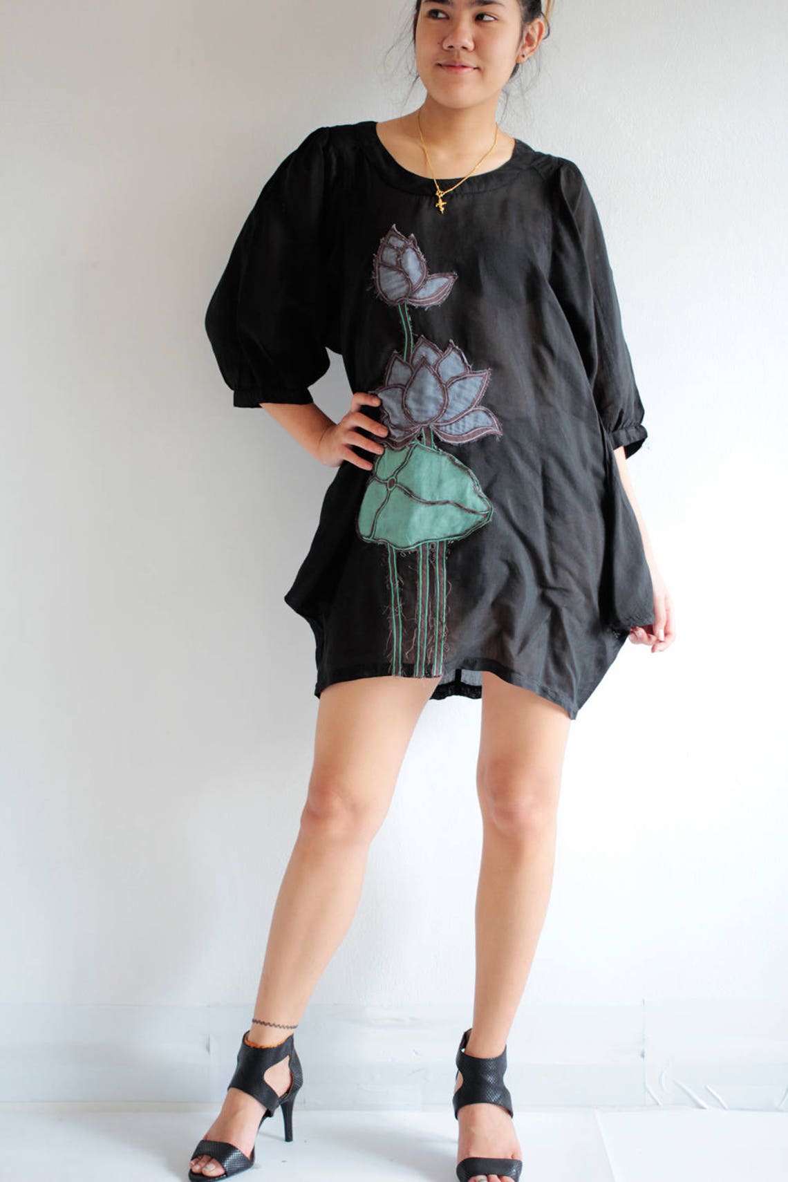 Mini Dress /tunic Artistic.. Lotus Dress Black Mix Silk S-L - Etsy