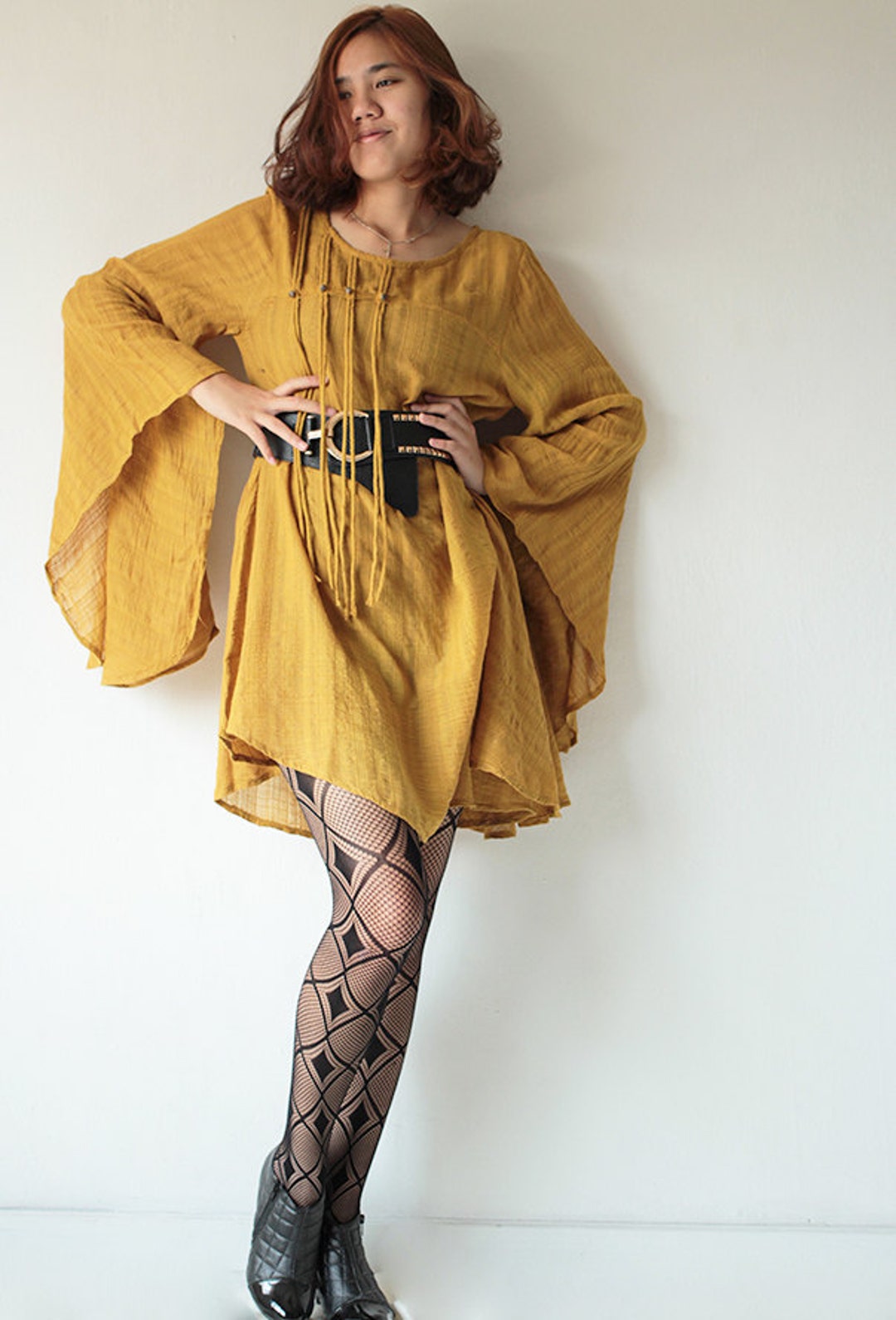 Mustard Yellow Linen Blend Tunic Top: Boho Long Sleeve Blouse - Etsy