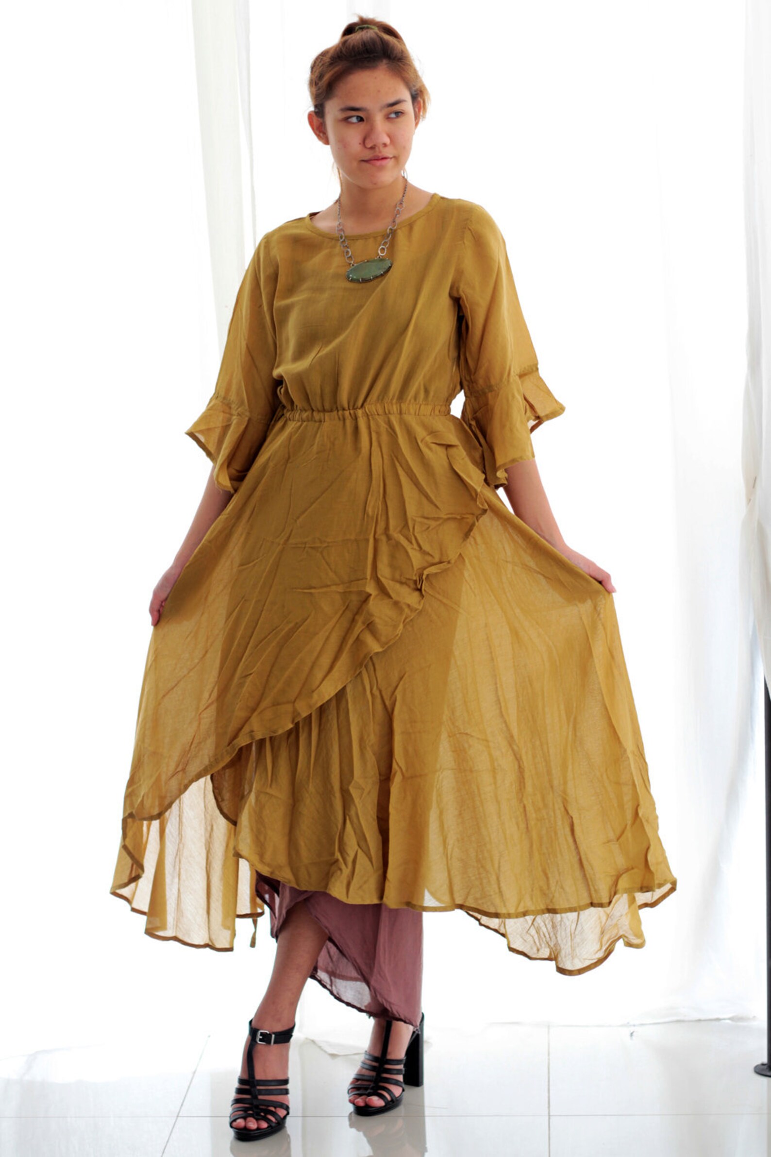 Long Dress Mustard Mixed Silk Size M 1182 | Etsy