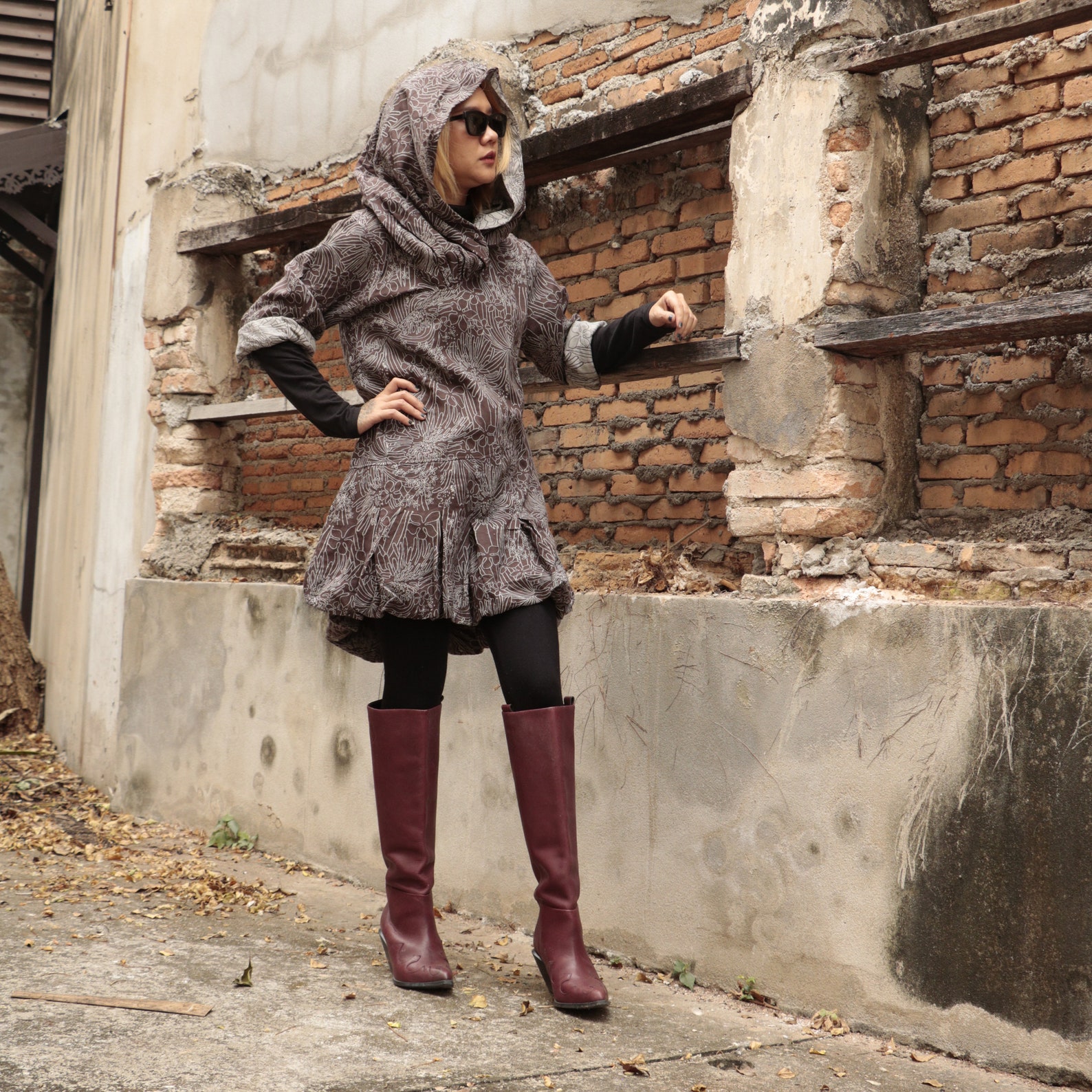 Winter Short Dress Coat With ... Linen 2 Layers Brown Floral | Etsy