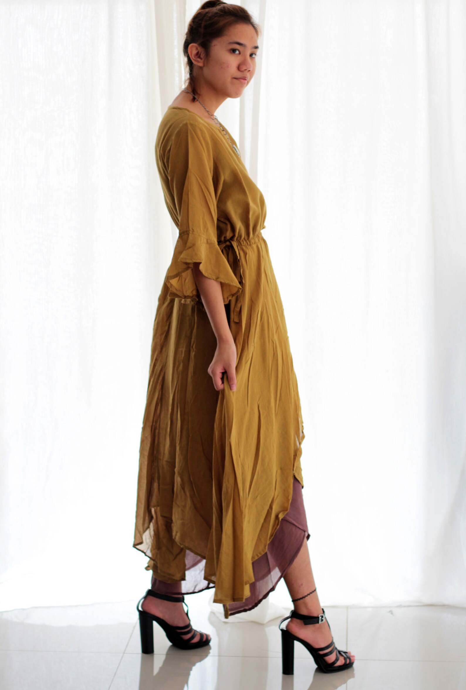 Long Dress Mustard Mixed Silk Size M (1182) Floral Beach Dress - Etsy