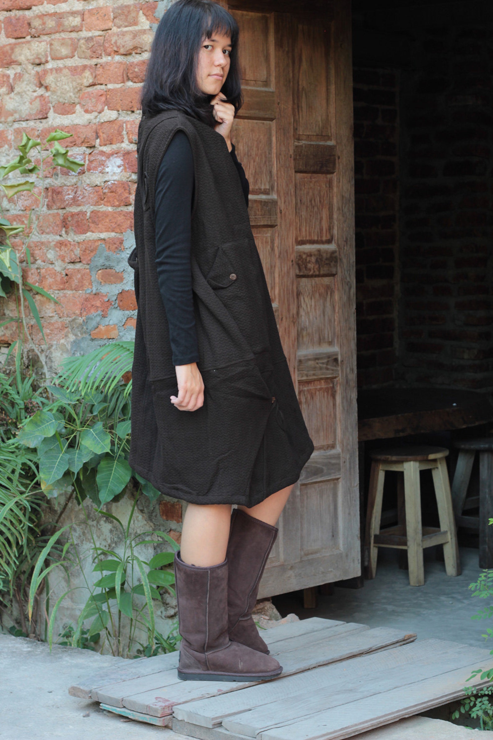 Sleeve Less Dress Swirl..1406a.dark Brown Three Layer Cotton - Etsy