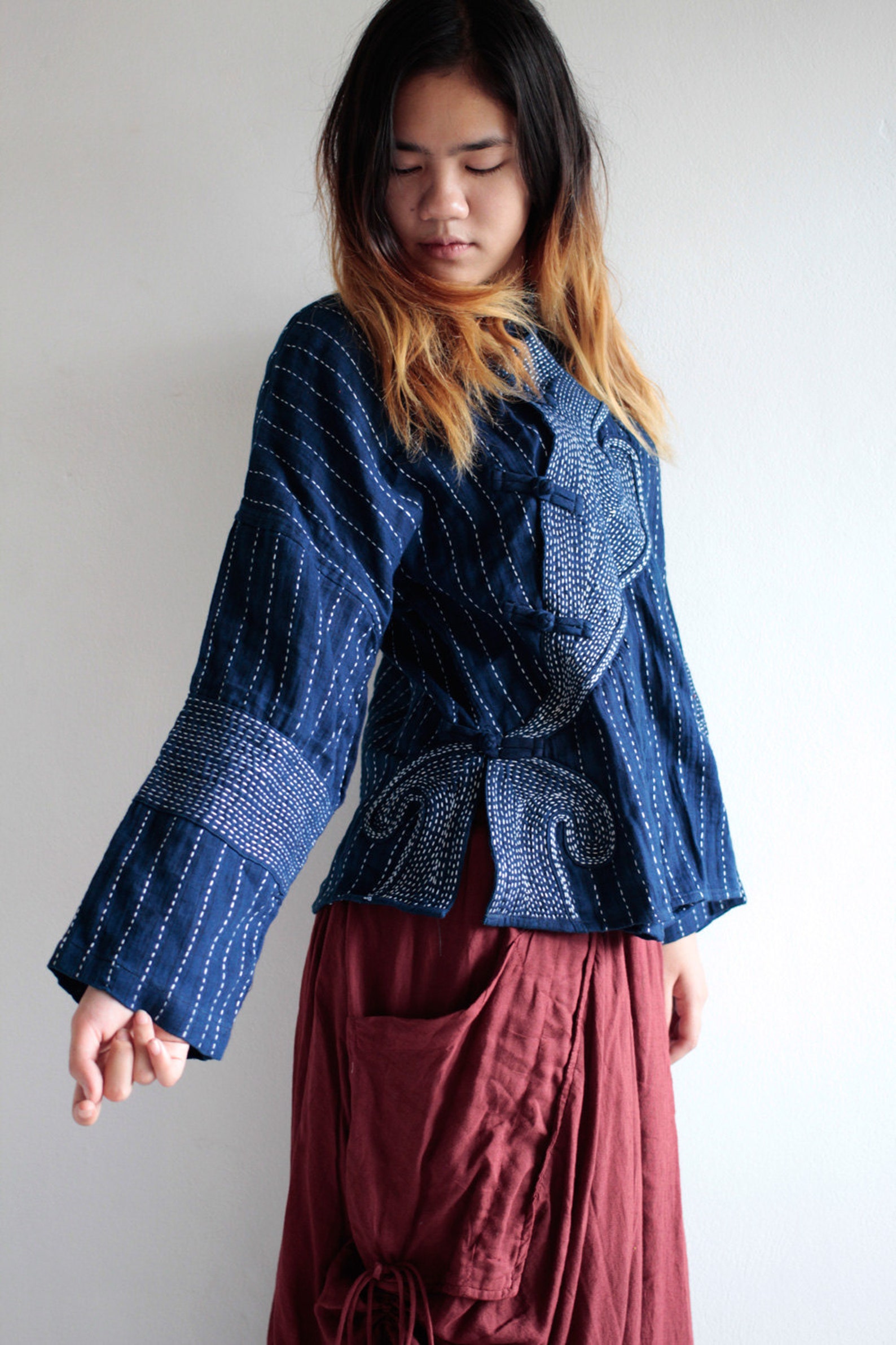 Blouse/indigo Hand Embroidery Blouse... | Etsy