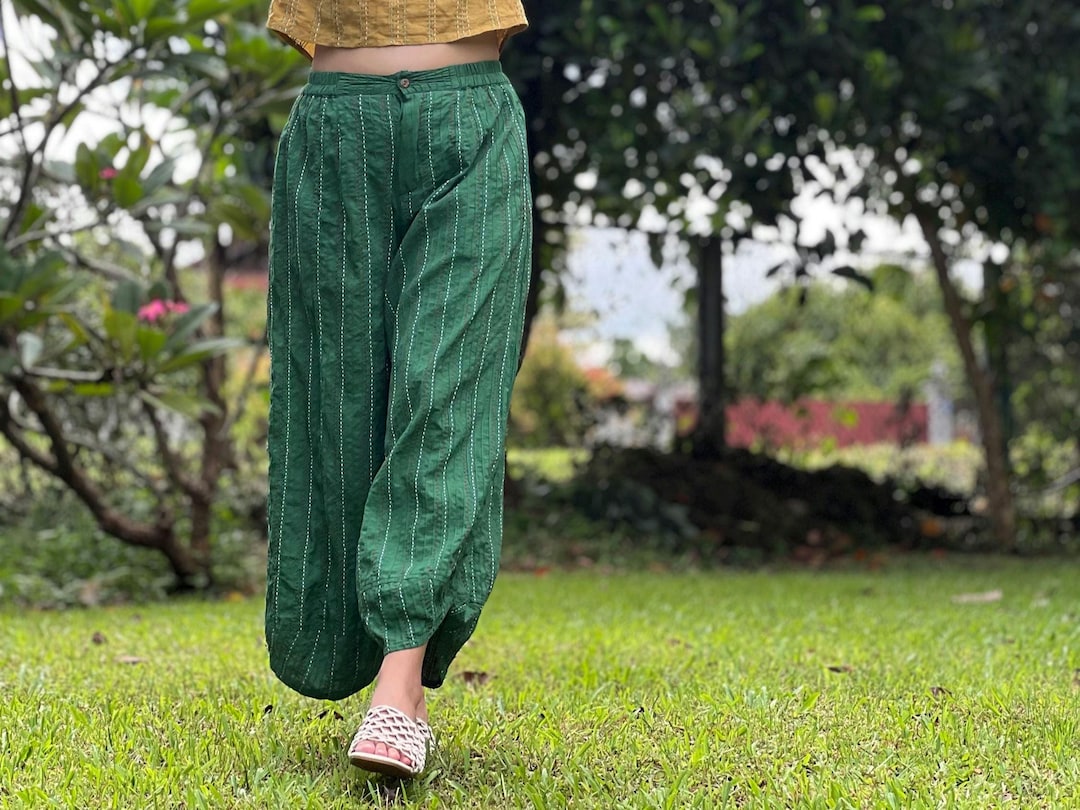 Hand Embroidered Wide Leg Cotton Pants - Green Relaxed Fit - Etsy