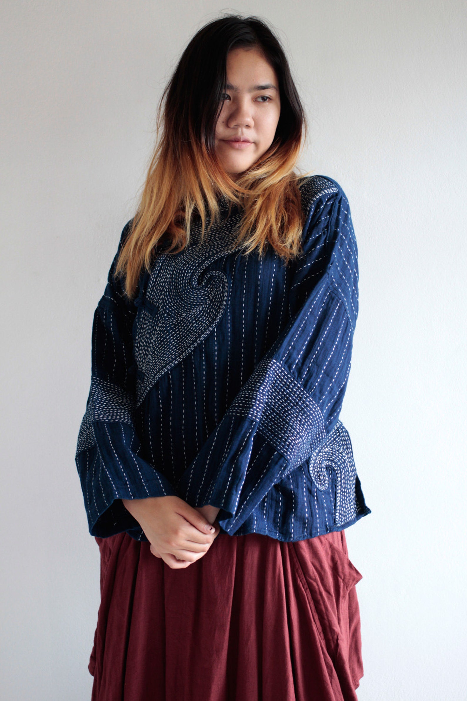 Blouse/indigo Hand Embroidery Blouse... | Etsy