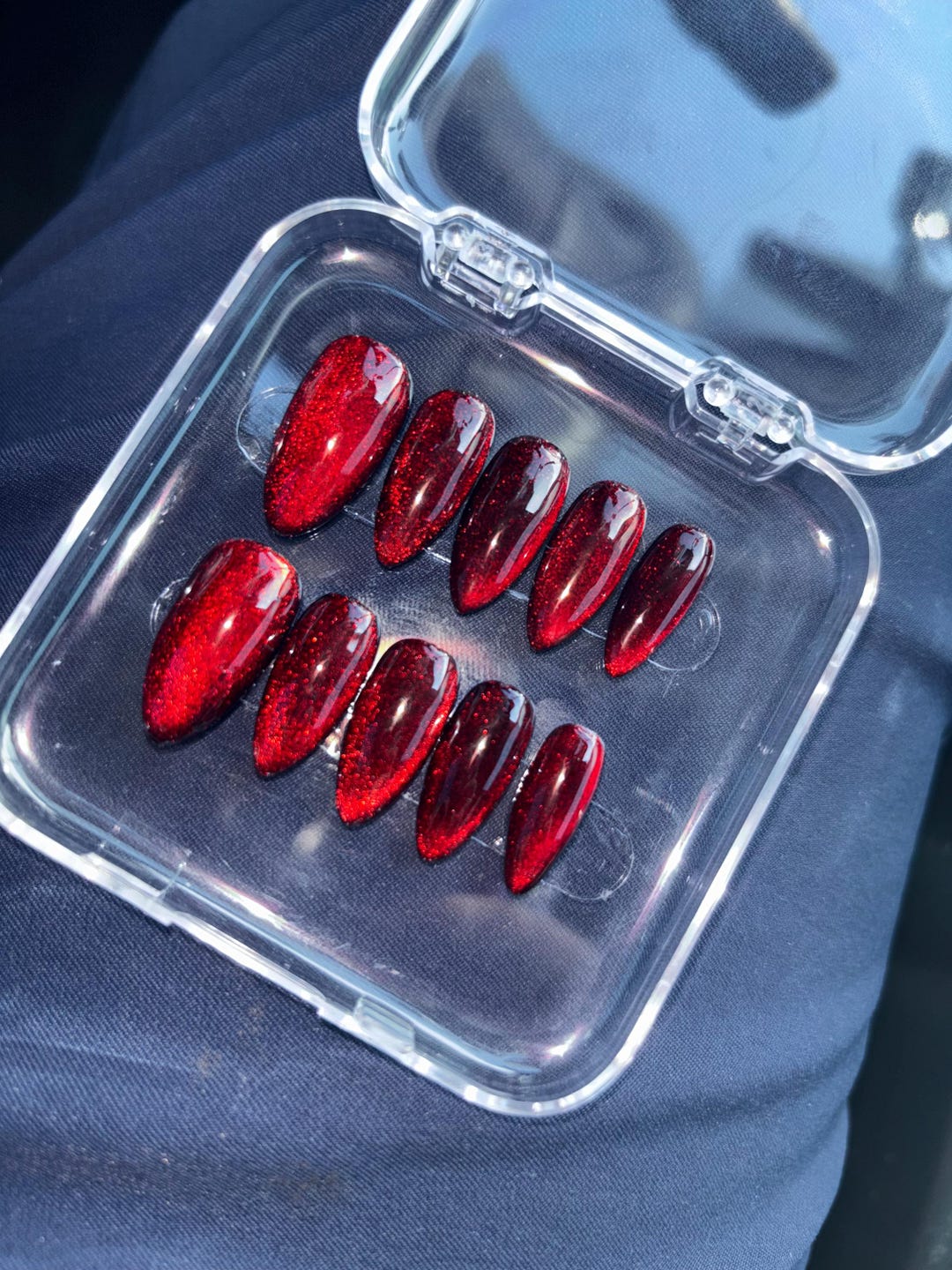 Dark Red Cateye Black and Red Nails Press on Nails Faux Nails Apres Gel ...