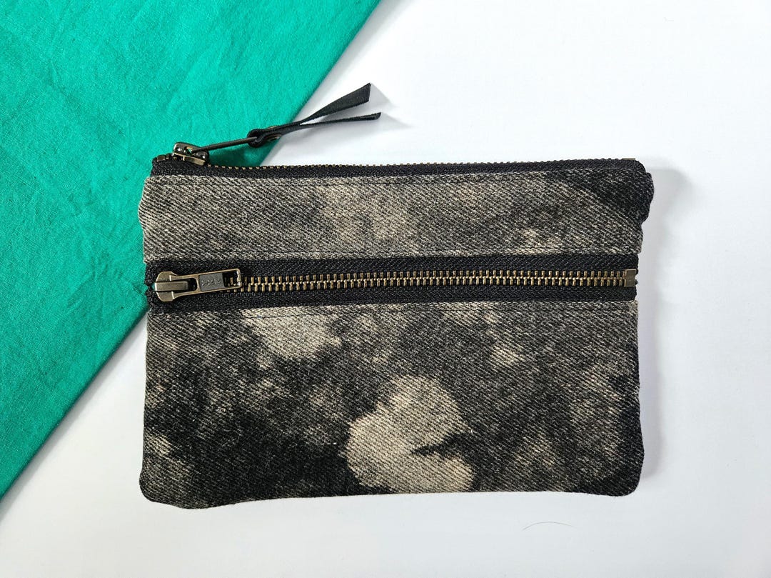 Denim Pouch. Double Zipper Pouch. Bleached Denim. Leather Pouch. Space ...