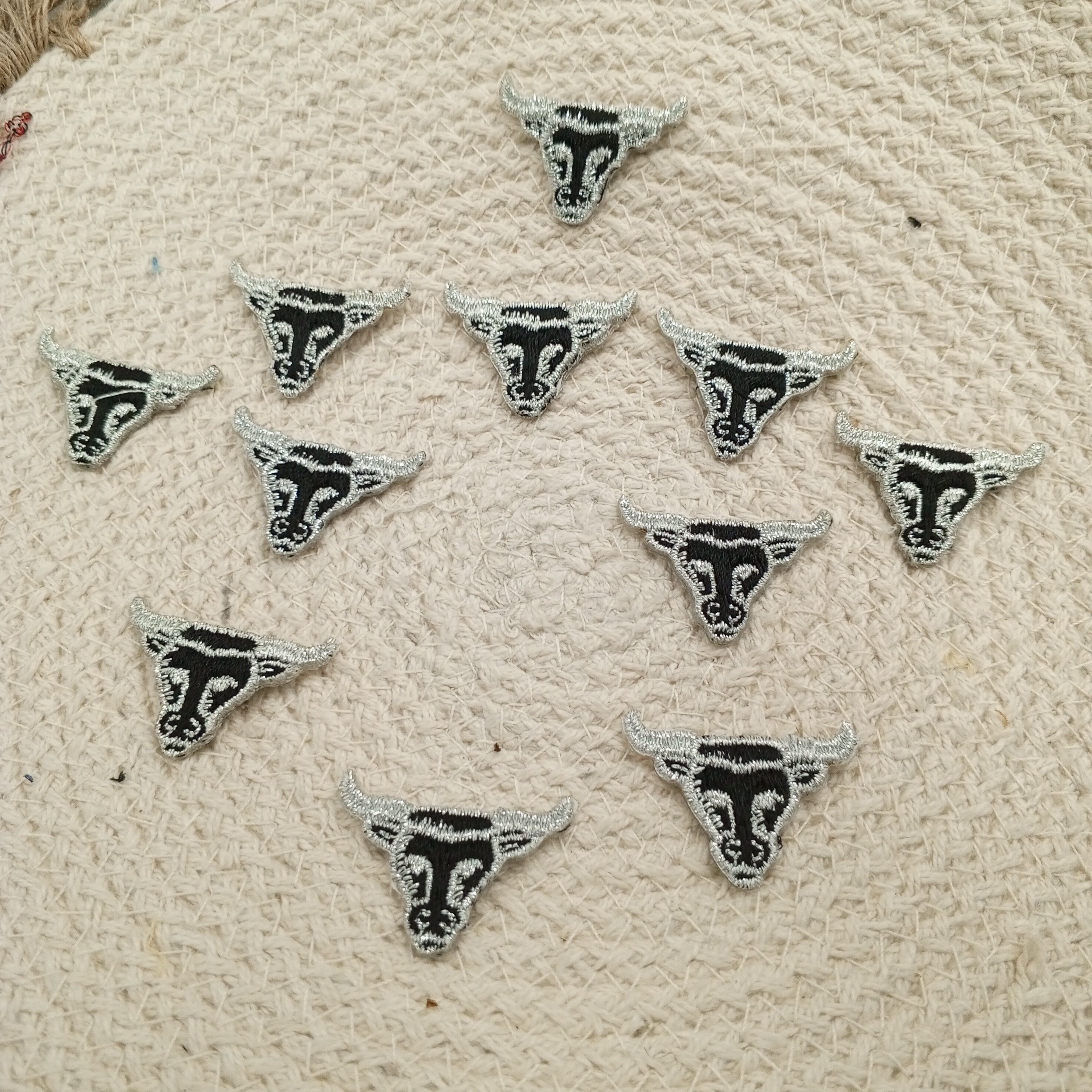 Vintage Bull Head Appliqué: Metallic Silver Black Embroidered Iron-on ...