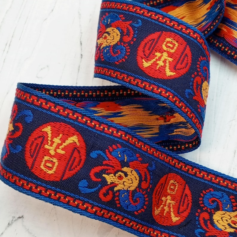 KANJI JAPANESE Vintage Cotton Jacquard Ribbon 1-3/4" – Red Navy Blue ...