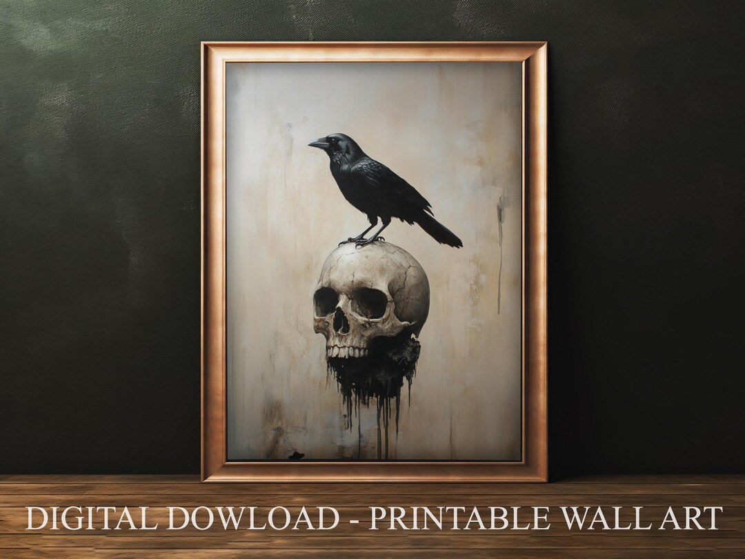 Crow on Skulll Skeleton Vintage Wall Digital Print Png, Halloween Sgv ...
