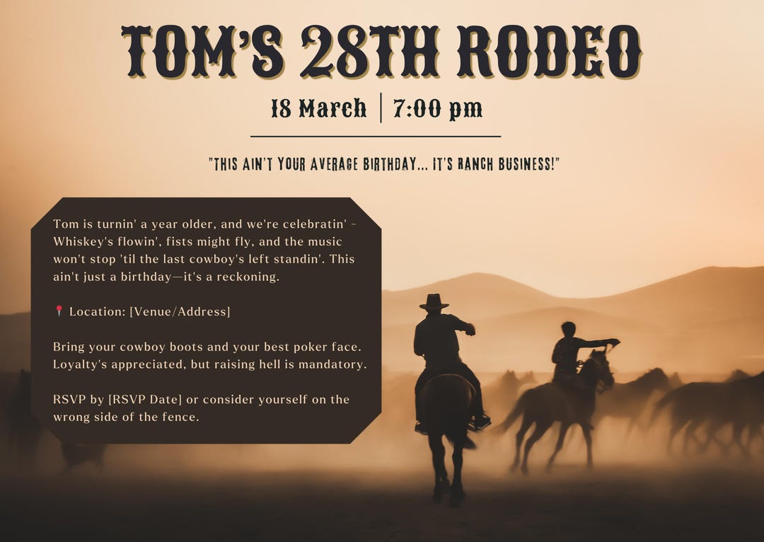 Yellowstone-inspired Birthday Invitation Template | Editable Canva ...