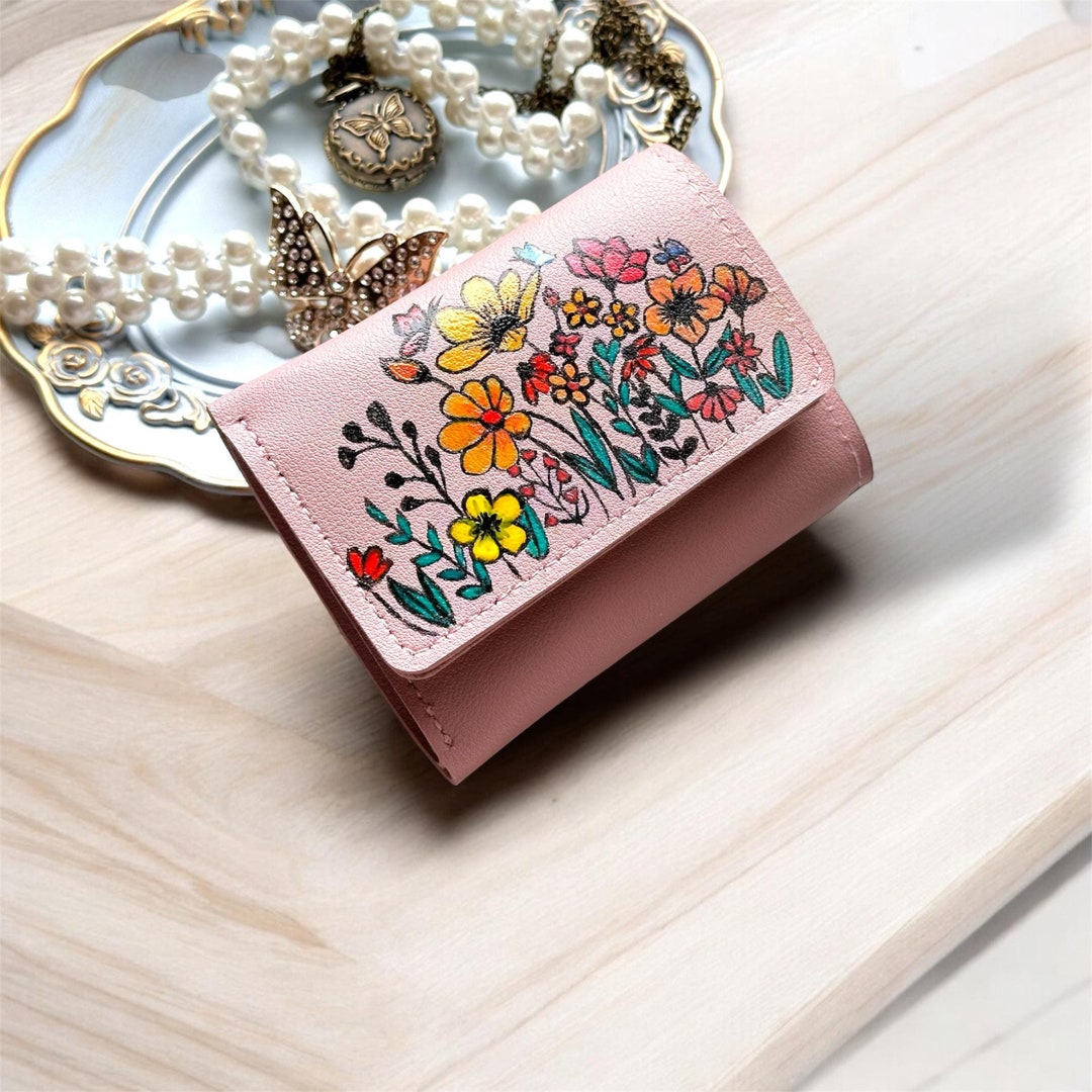 Hand Painted Floral Leather Wallet for Women, READY to Shipwomen ...