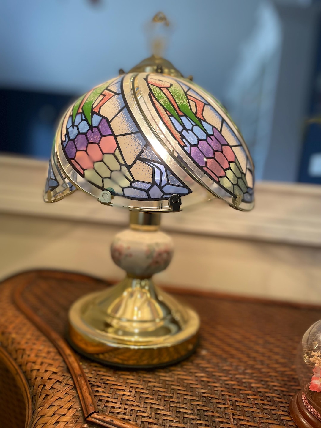 Vintage Stained Glass Style Touch Lamp, Floral Ceramic Base, 1980s ...