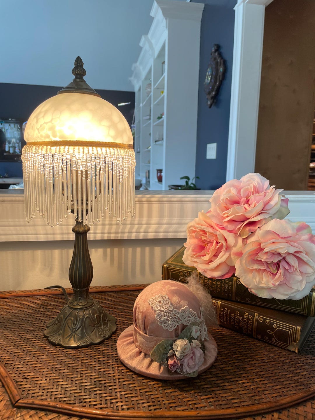 Vintage Glass Shade Table Lamp With Beaded Fringe - Etsy
