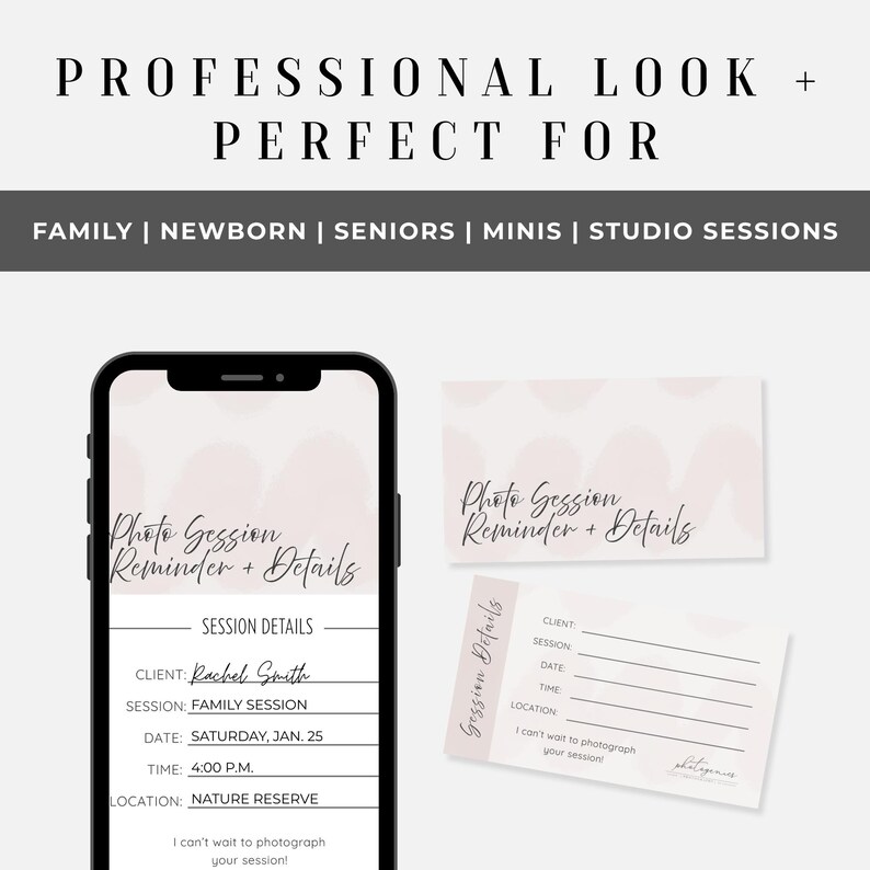 Photo Session Reminder Card Template | Client Booking Details Card ...