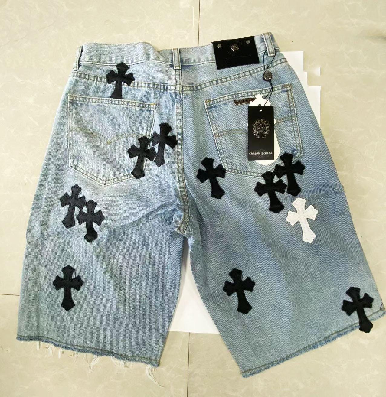 Blue CH Cross Patch Shorts , Hiphop Cross Navy Blue Shorts Jeans, Blue ...