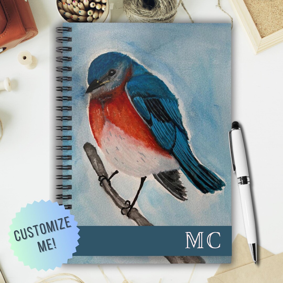 Personalized Bluebird Spiral Notebook, Custom Name Watercolor Bird ...