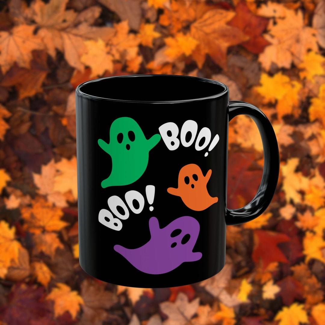 Halloween Trio of Ghost Boo Green Orange and Purple Ghosts Spooky Black ...