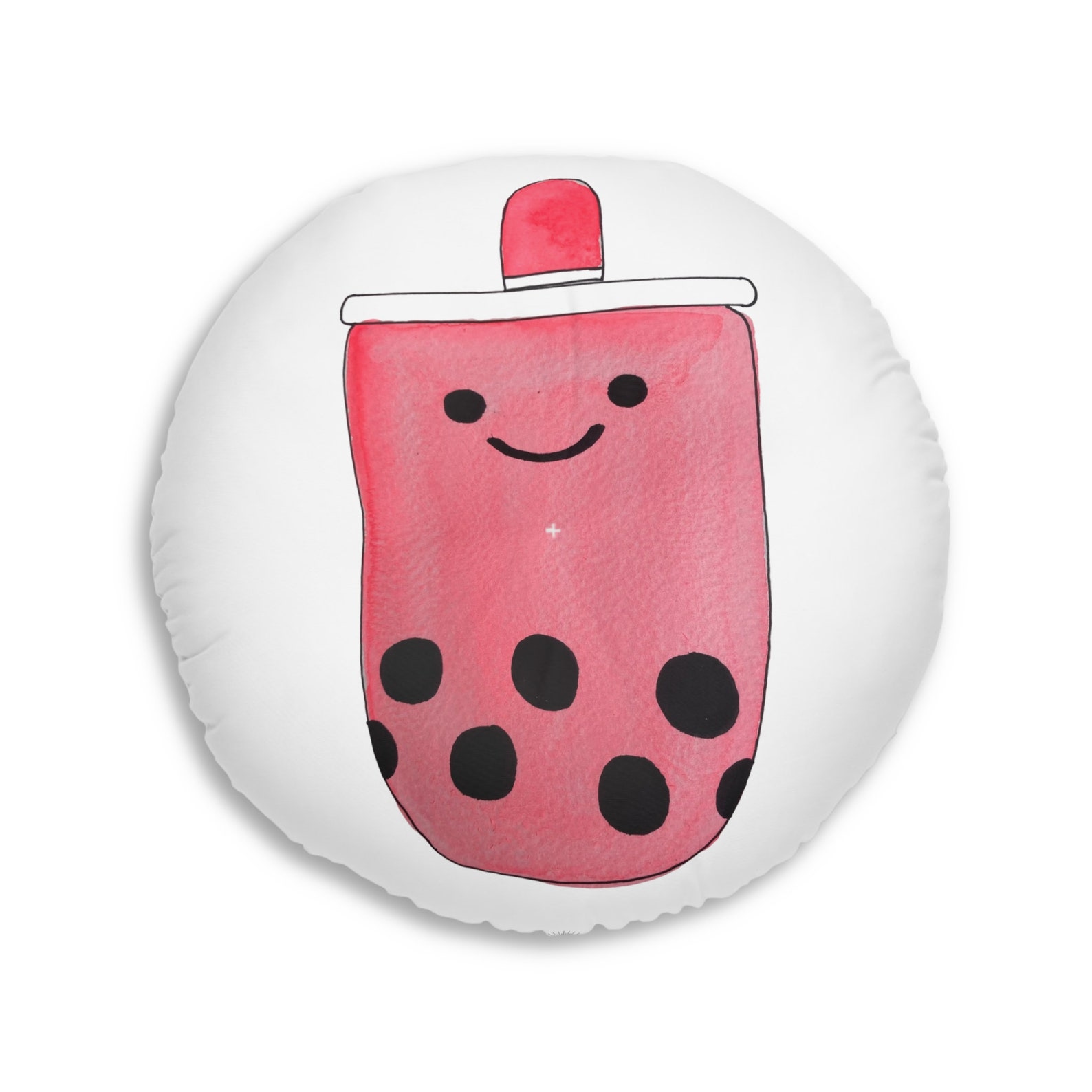 REVERSIBLE Watercolor Smiling Boba Tea Print Tufted Floor Pillow, Round ...