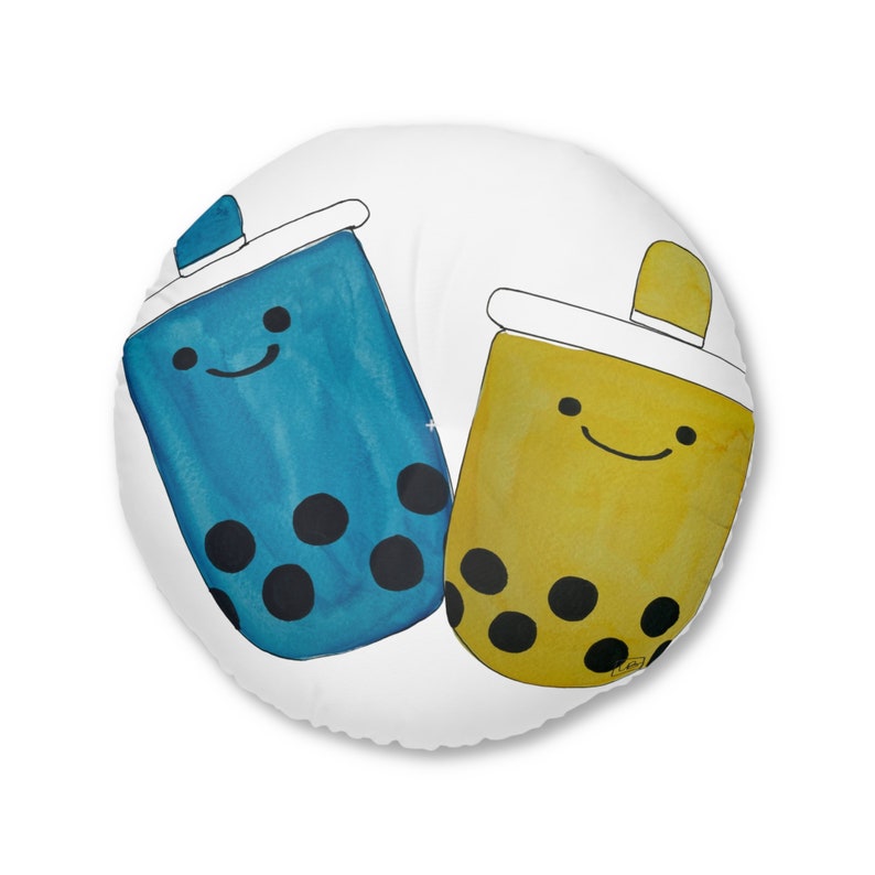 REVERSIBLE Watercolor Smiling Boba Tea Print Tufted Floor Pillow, Round ...