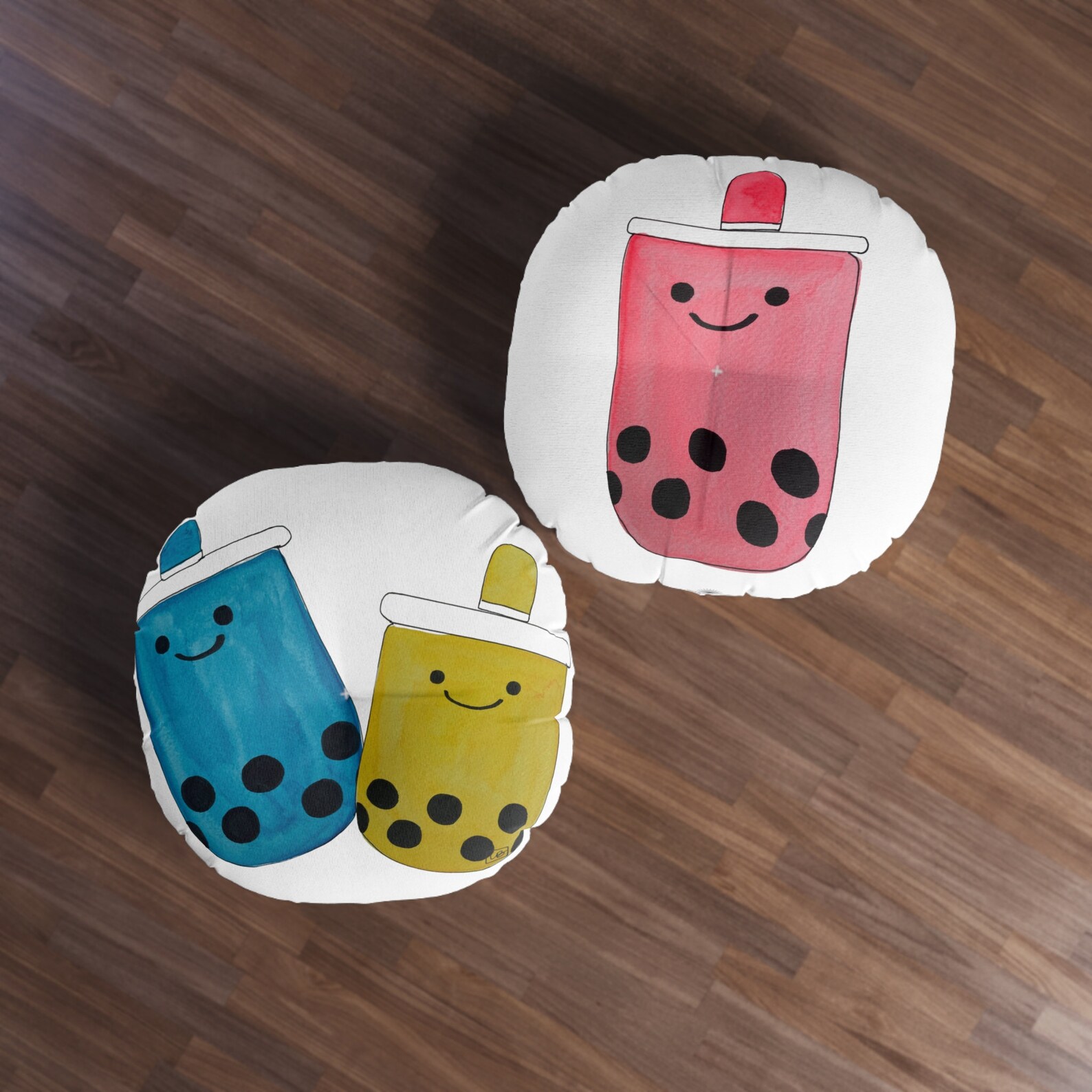 REVERSIBLE Watercolor Smiling Boba Tea Print Tufted Floor Pillow, Round ...