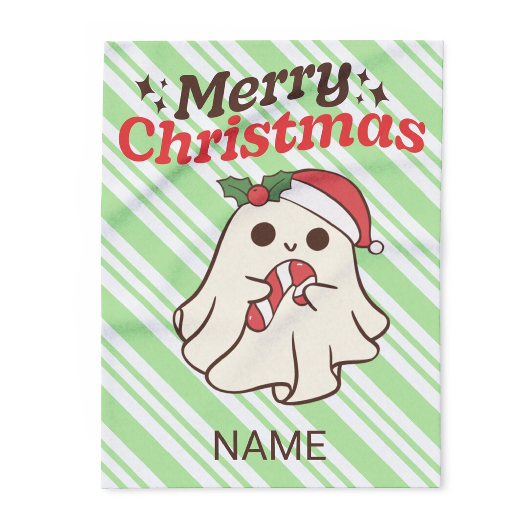 Personalized Merry Christmas Ghost Santa Fleece Blanket: Green Striped ...