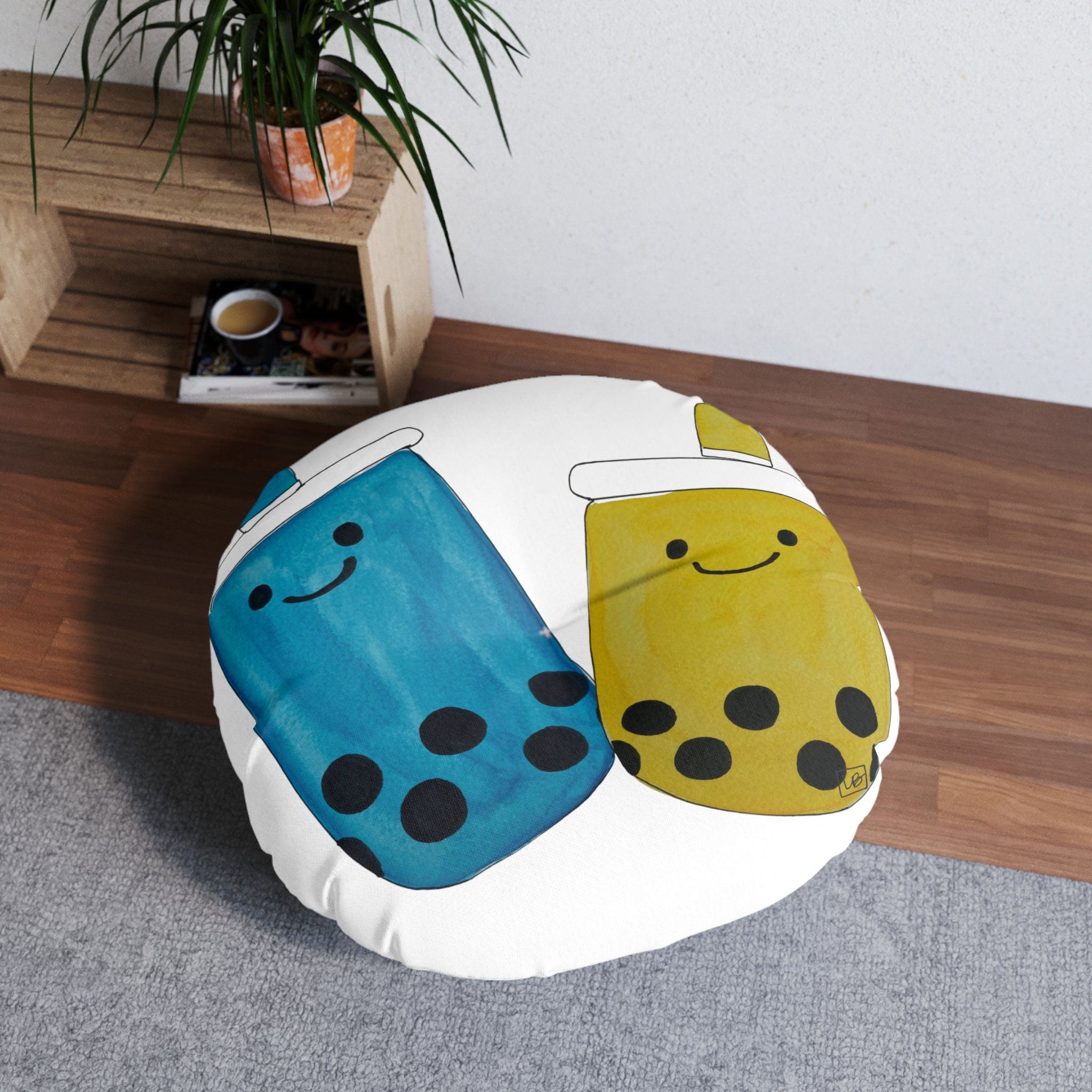REVERSIBLE Watercolor Smiling Boba Tea Print Tufted Floor Pillow, Round ...