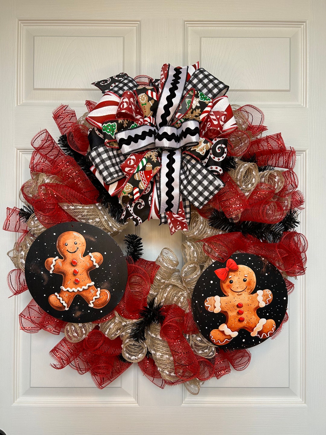 Gingerbread Couple Christmas Wreath, Red and Black Buffalo Plaid ...