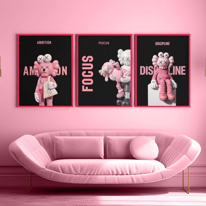 Pink KAWS Poster Set of 3, Graffiti Hypebeast Art Prints, Printable ...