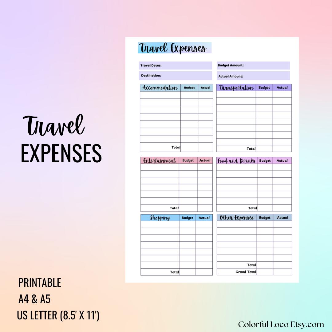 Travel Expenses, Travel Budget Planner Printable, Template Travel ...