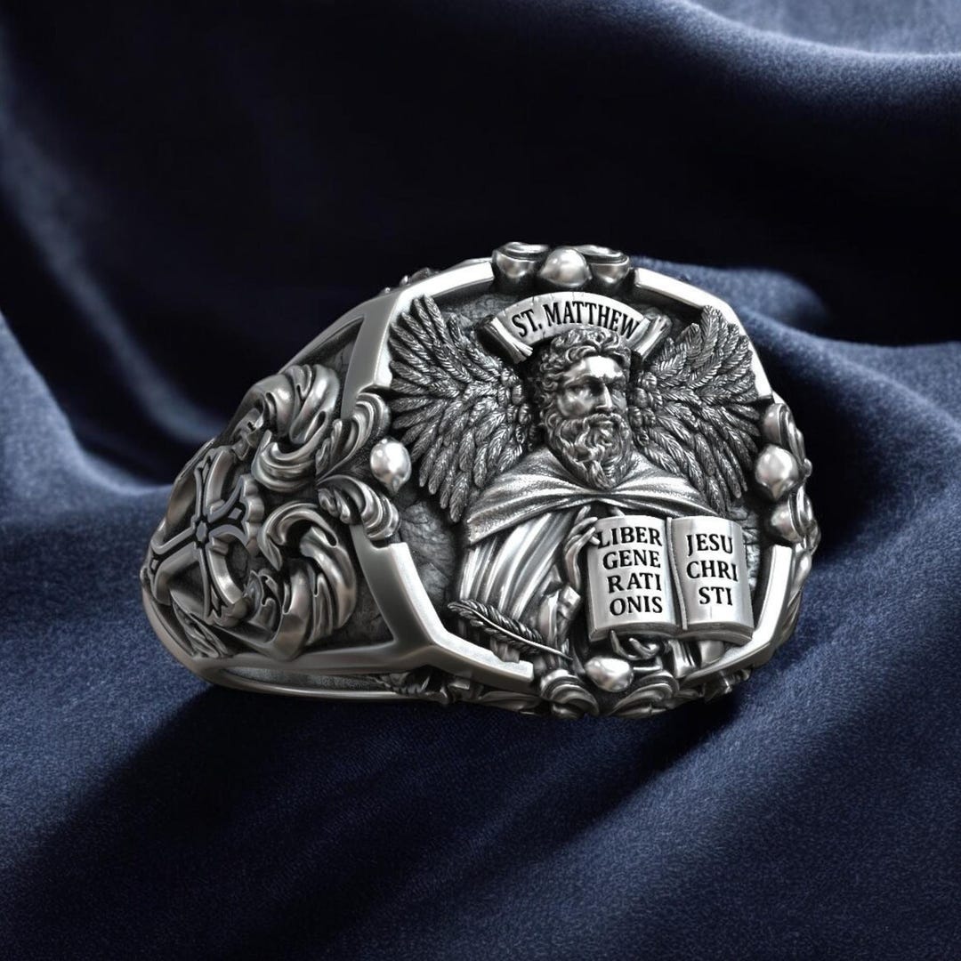 Saint Matthew Apostle Cross Signet Ring, 925 Sterling Silver Religious ...