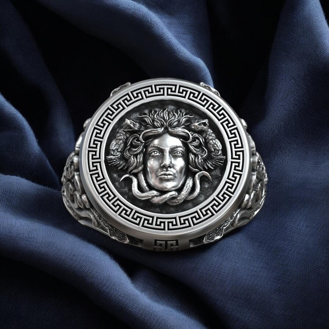 Medusa Gorgona Snake Head Greek Antique Meander Pattern Signet Ring 925 ...