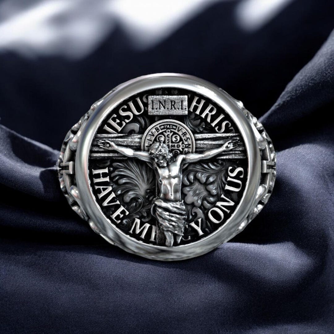 Jesus Christ Catholic Cross Crucifixion Signet Ring 925 Sterling Silver ...
