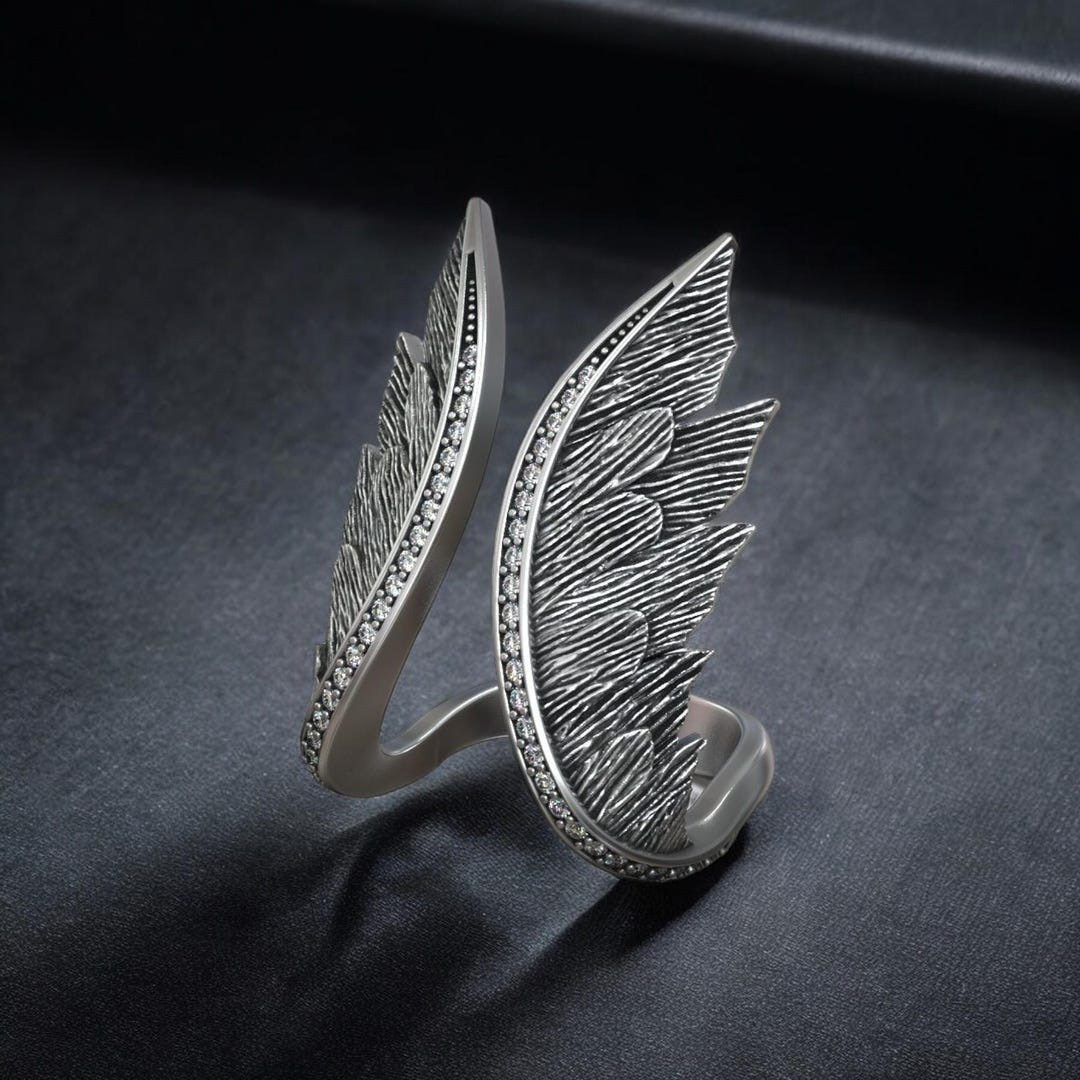 Angel Wings Diamond Oxidized Ring, 925 Sterling Silver, Gothic Jewelry ...