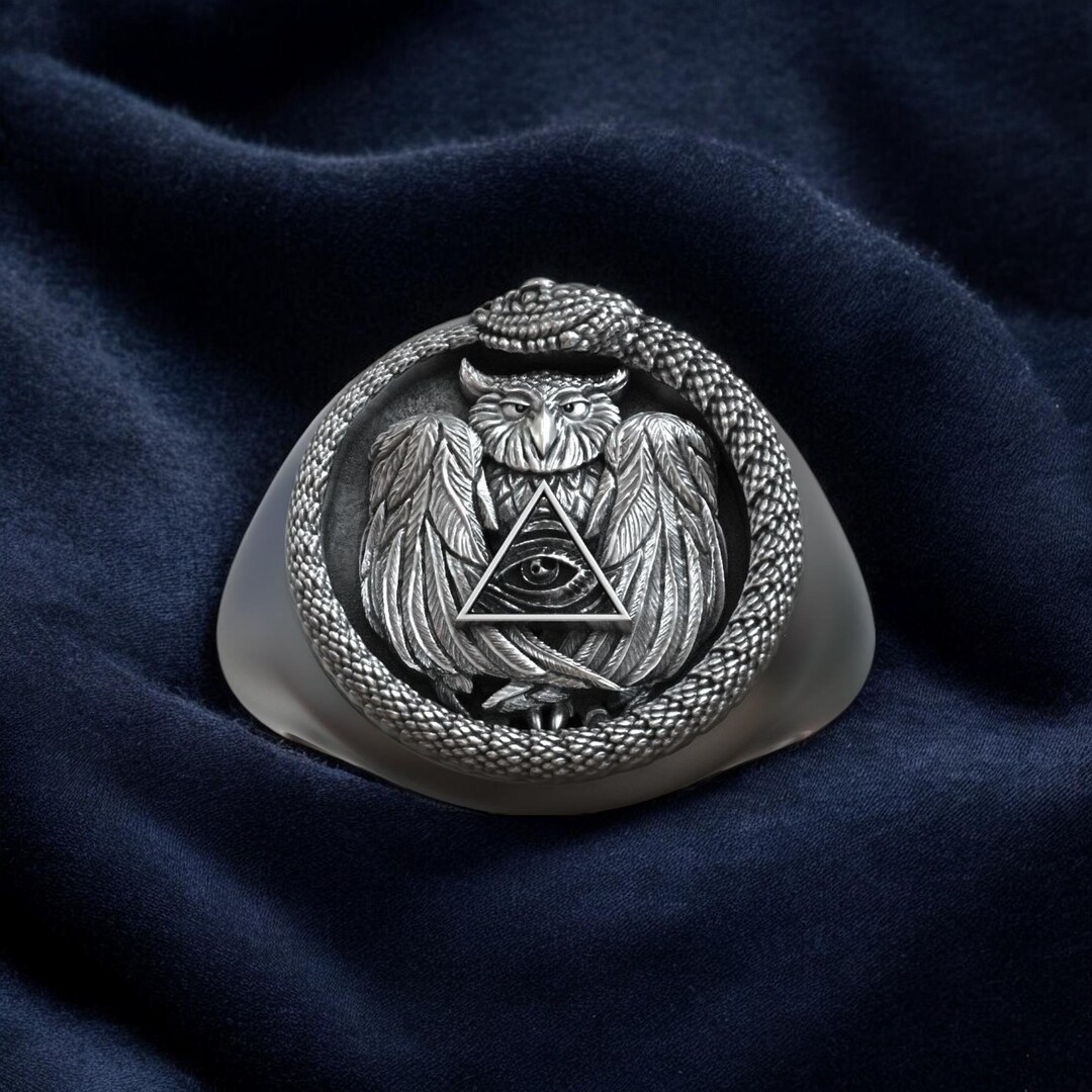 Snake Ouroboros Owl Eye of Providence Masonic Symbol Ring 925 Sterling ...
