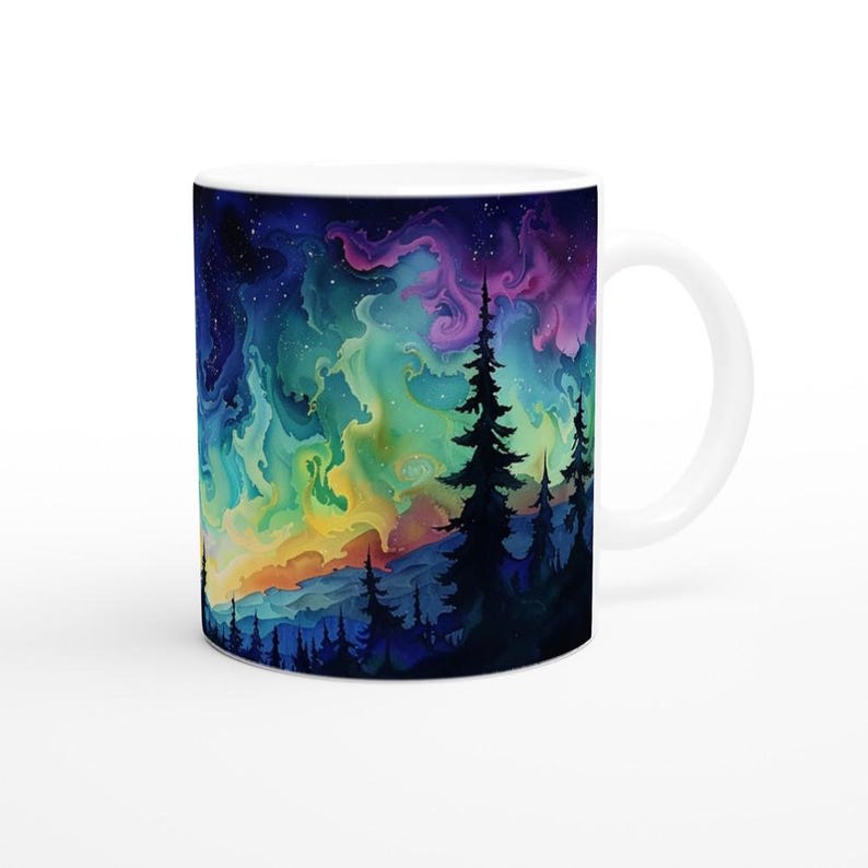 Northern Lights Mug Aurora Borealis Art Coffee Mug Pine Tree Tea Cup ...
