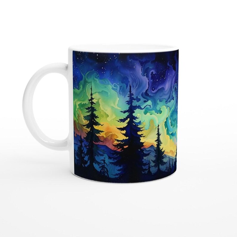 Northern Lights Mug Aurora Borealis Art Coffee Mug Pine Tree Tea Cup ...