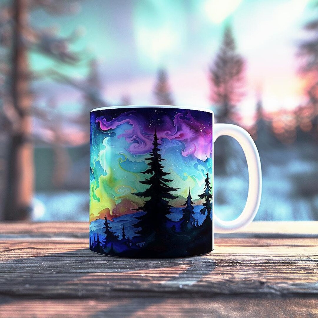 Northern Lights Mug Aurora Borealis Art Coffee Mug Pine Tree Tea Cup ...