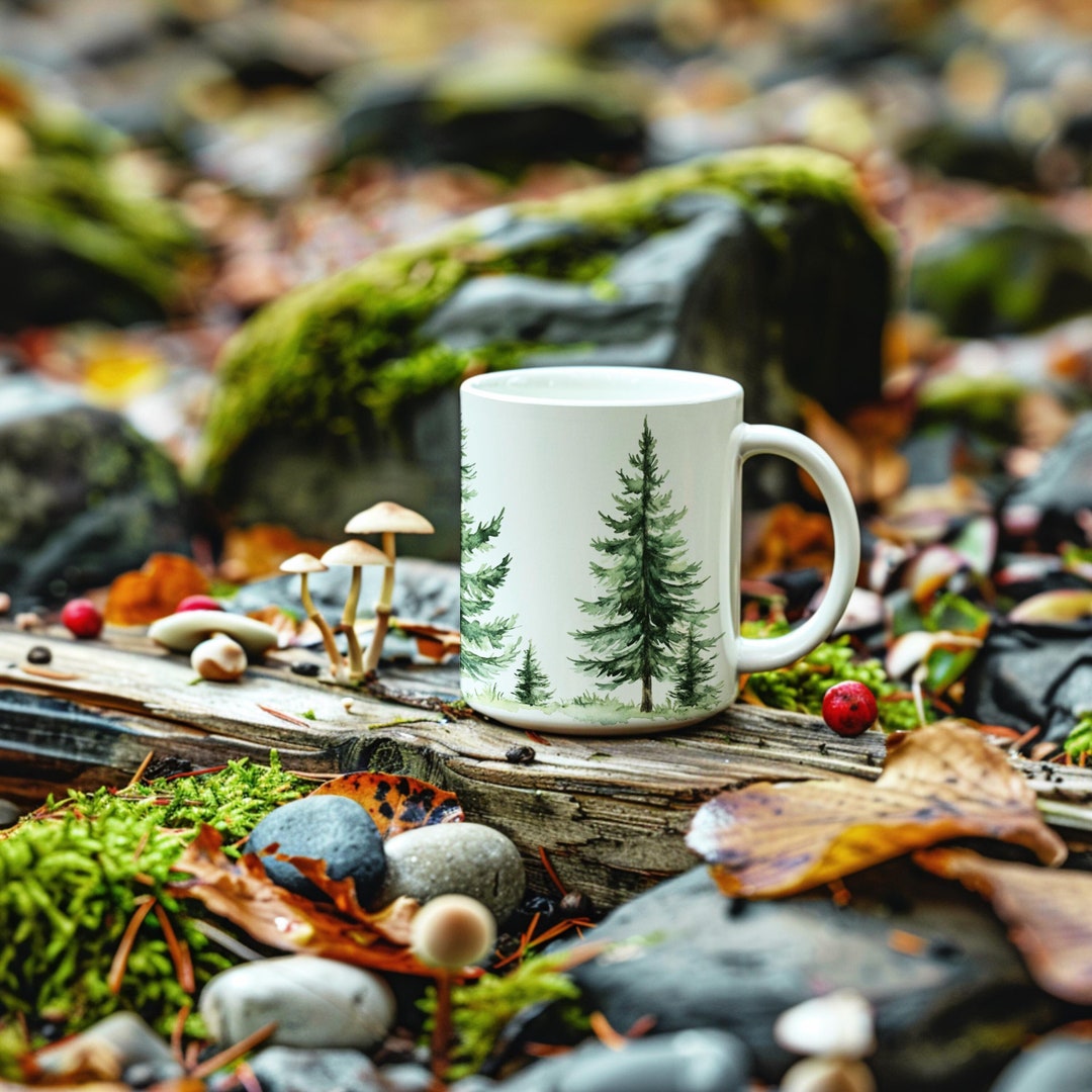 Watercolor Forest Mug Trees Coffee Mug Rustic Tree Print Cup Evergreen ...
