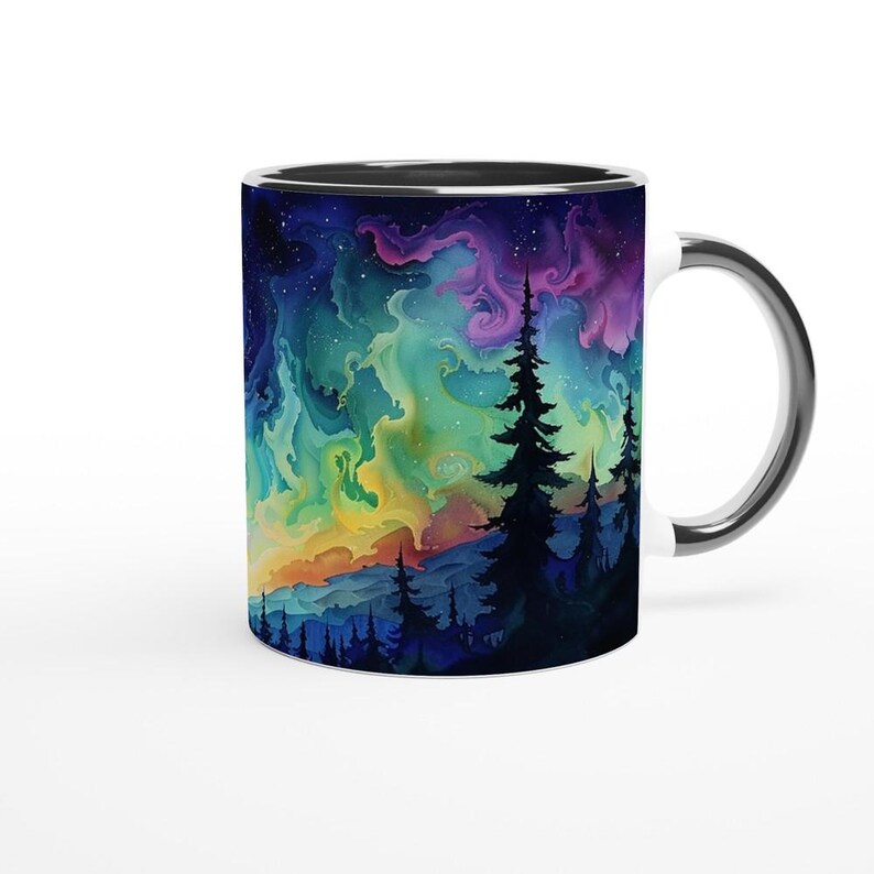 Northern Lights Mug Aurora Borealis Art Coffee Mug Pine Tree Tea Cup ...