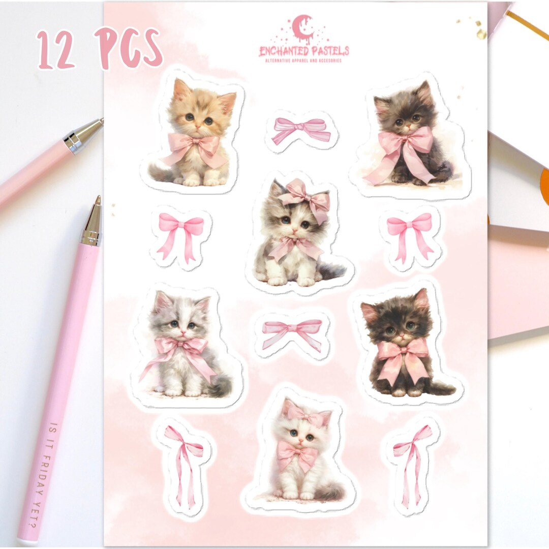 Coquette Cats With Pink Bows Sticker Pack Lovely Kittens Sticker Set ...
