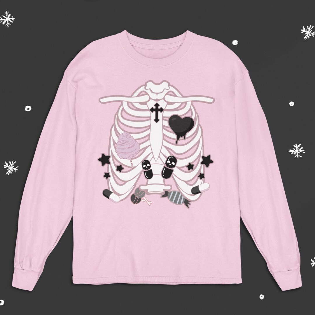 Pastel Goth Rib Cage Long Sleeves Shirt Yami Kawaii Aesthetics Cotton ...