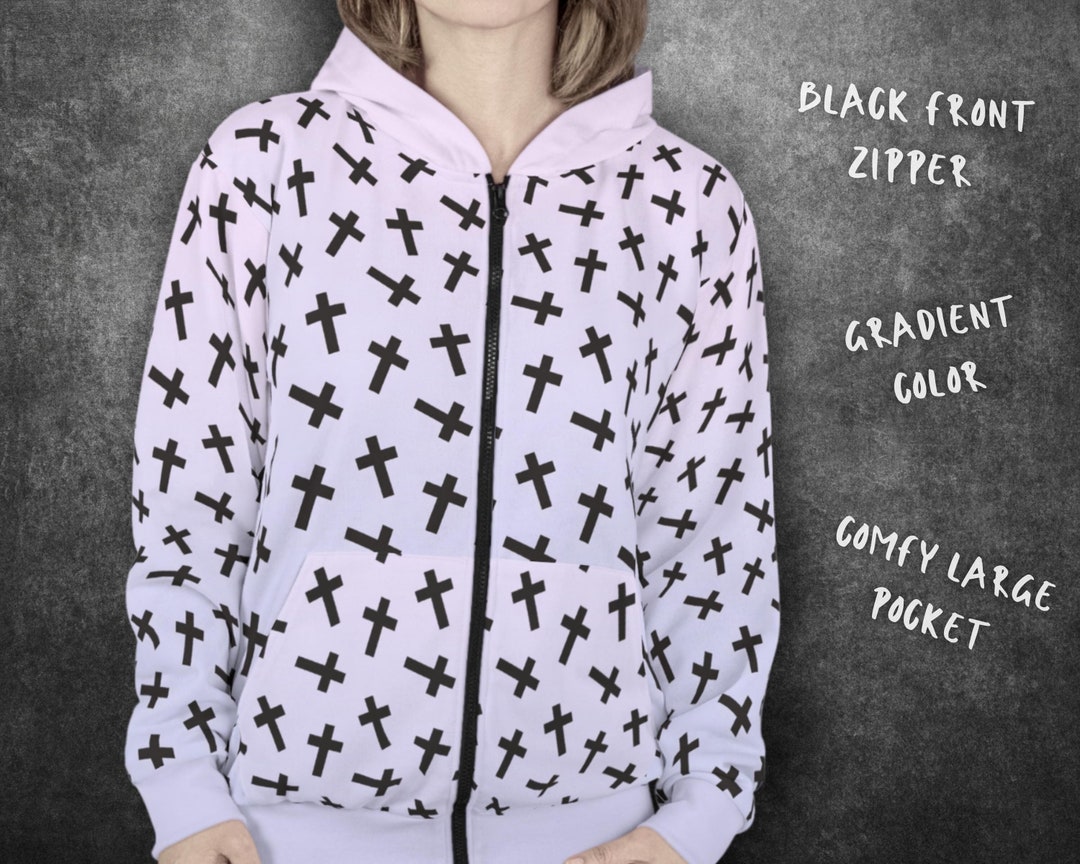 Pastel Goth Cross Pattern Hoodie Zipped Jacket Harajuku Aesthetics ...