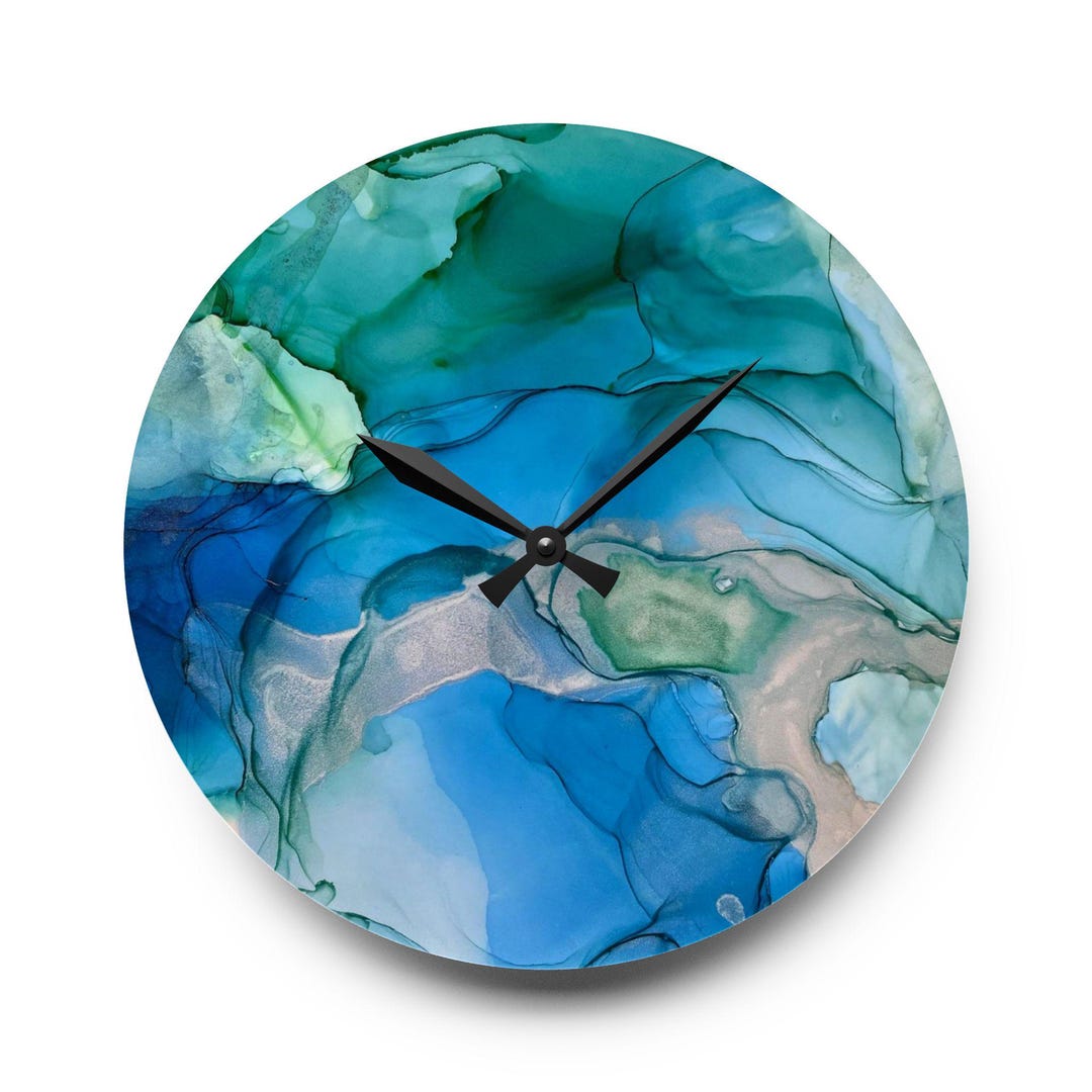 Blue Green Alcohol Ink Acrylic Wall Clock | Abstract Ocean Resin Art - Etsy