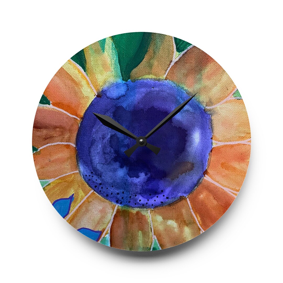 Sunflower Alcohol Painting, Acrylic Wall Clock, Fine Art Clock, Round ...
