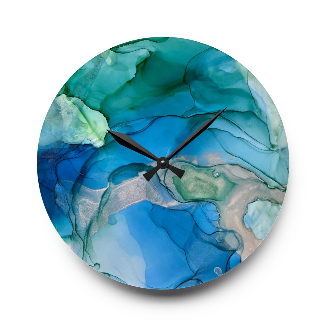 Alcohol Ink Painting, Coastal Acrylic Wall Clock, Fine Art Clock, Round ...