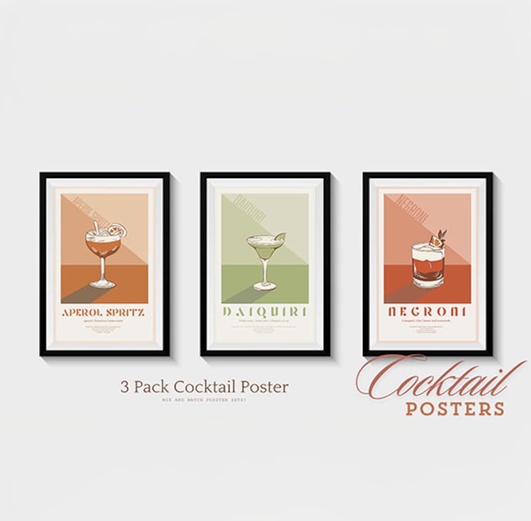 Vintage Cocktail Bar Poster | 3-pack Cocktail Drinks - Etsy