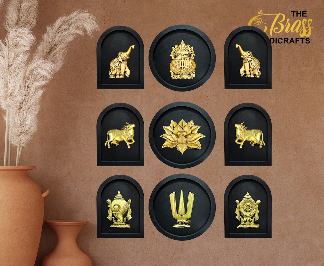 Brass Wall Art Frames Set of 9 Frames, Elephants, Lotus, Kalash, Shankh ...