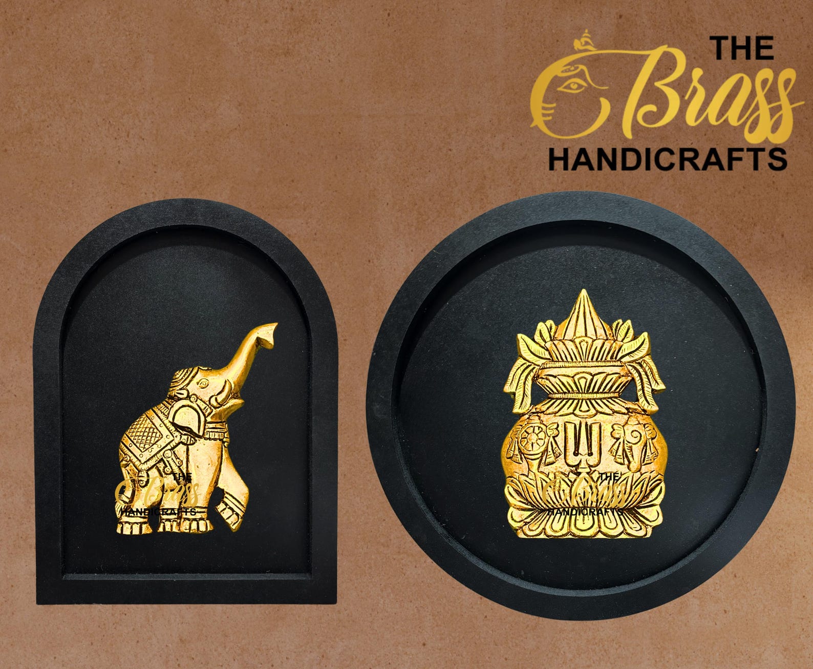 Brass Wall Art Frames Set of 9 Frames, Elephants, Lotus, Kalash, Shankh ...