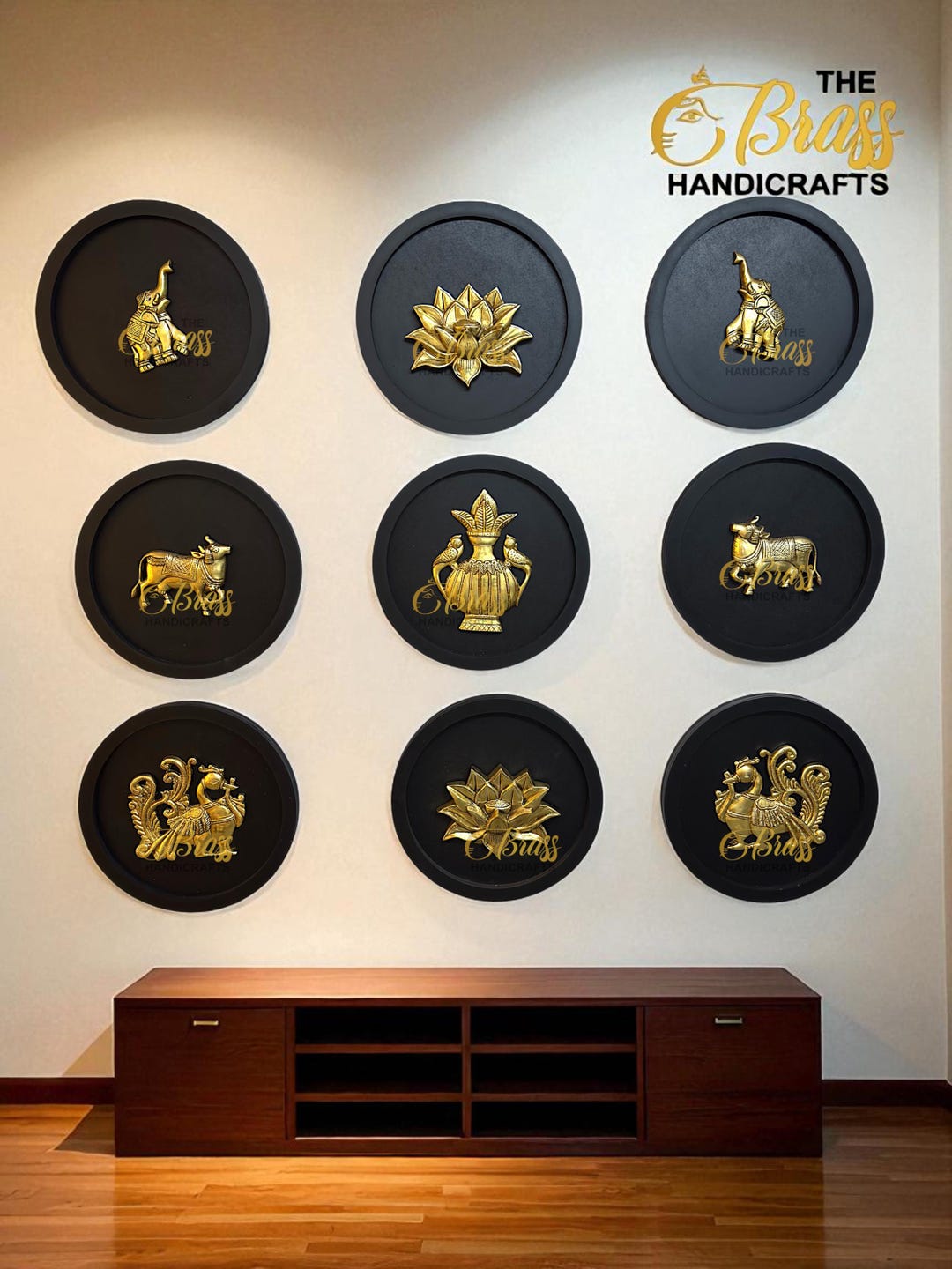 Brass Wall Decor Motifs, Wooden Wall Round Frames With Brass Items for ...